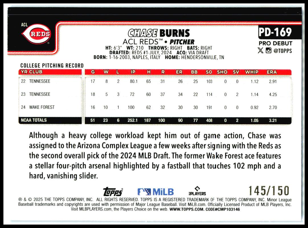 2025 Topps Pro Debut Blue Foil #PD-169 Chase Burns #/150 ACL Reds – Search and Rescue Cards