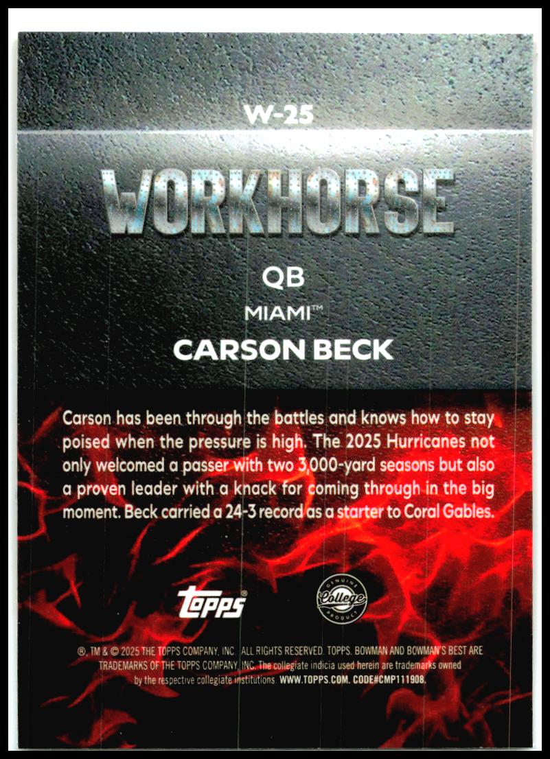 2025 Bowman University Best Workhorse #W-25 Carson Beck Miami Hurrican ...