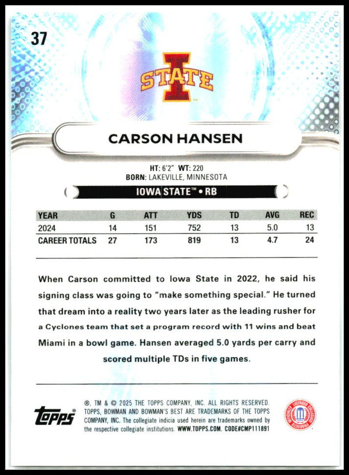 2025 Bowman University Best #37 Carson Hansen Iowa State Cyclones ...