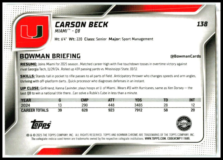 2025 Bowman University Chrome #138 Carson Beck Miami Hurricanes ...